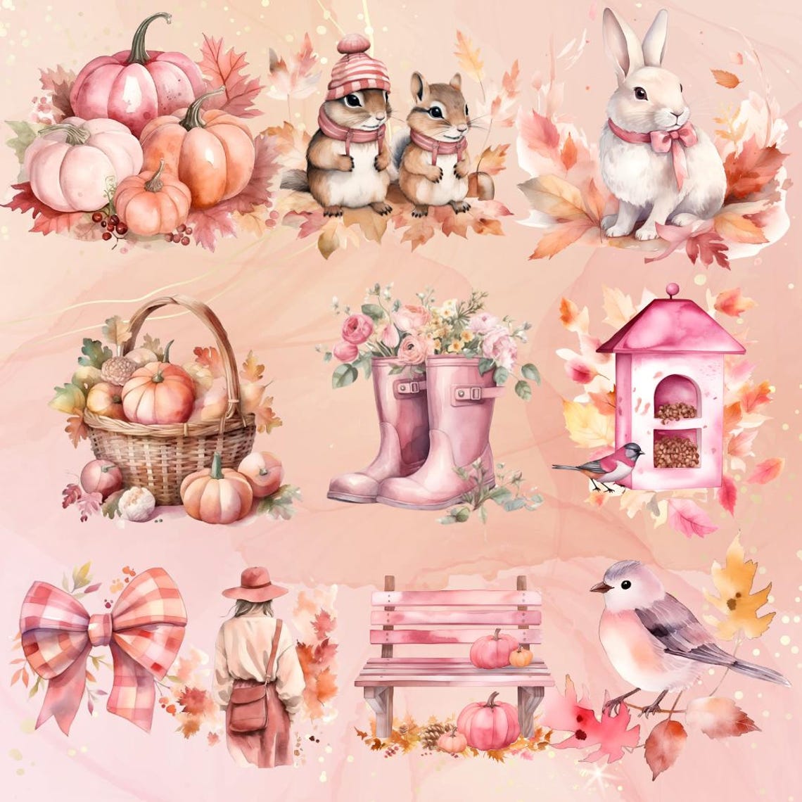Watercolor Autumn Clipart Bundle, Pink Fall Clipart, Fall Elements Clip ...