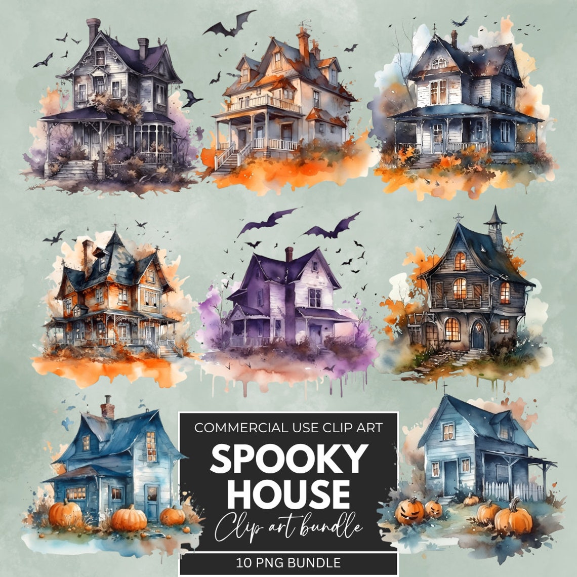 Cute Halloween Clipart, Spooky House Clipart, Watercolor Clipart ...