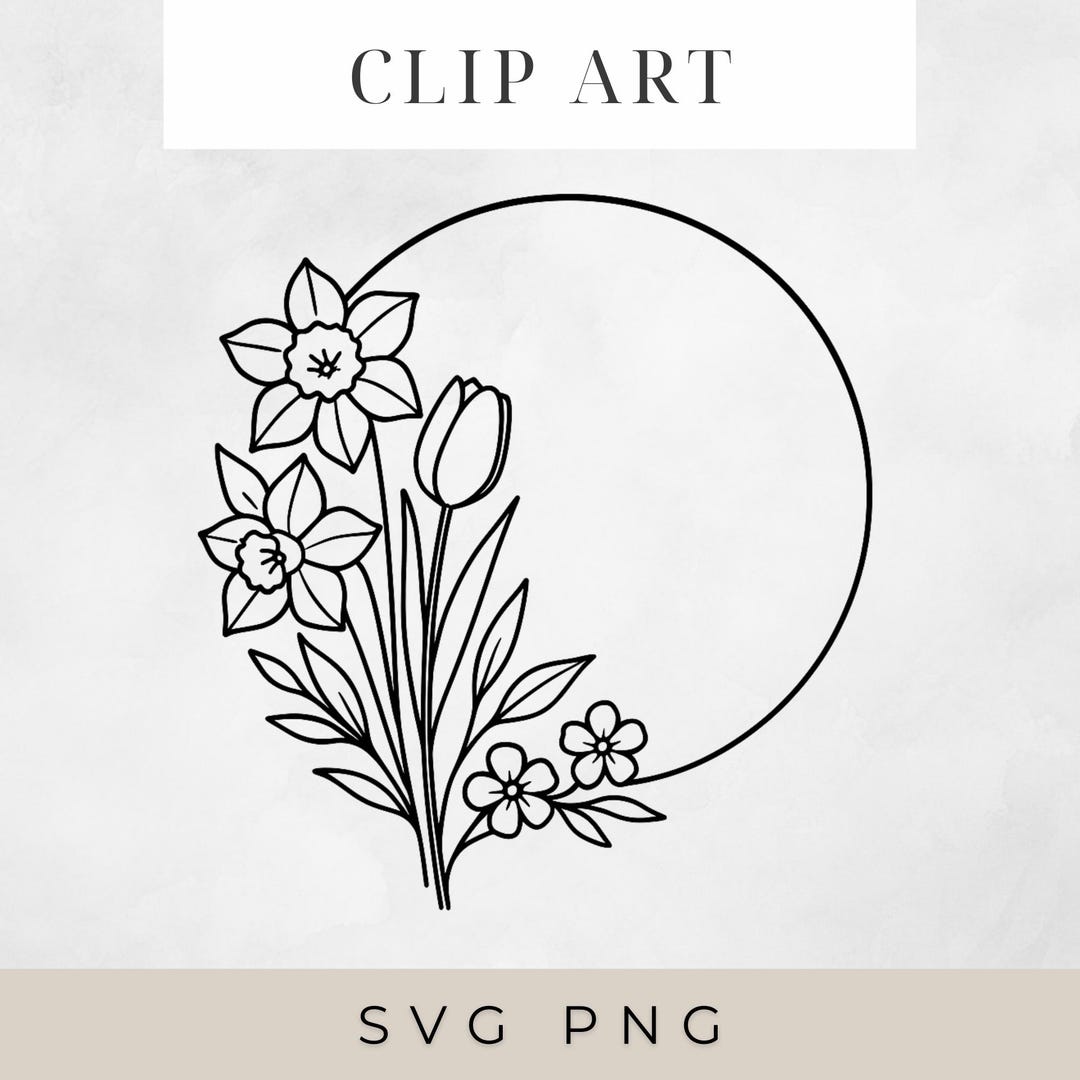 Spring Flowers Monogram Frame SVG – Daffodil Tulip Line Art Circle ...
