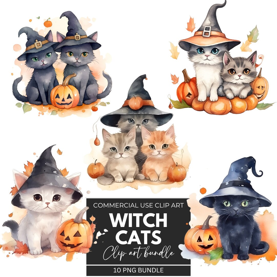 Halloween Watercolor Clipart, Pastel Halloween Clipart, Cat Clipart ...