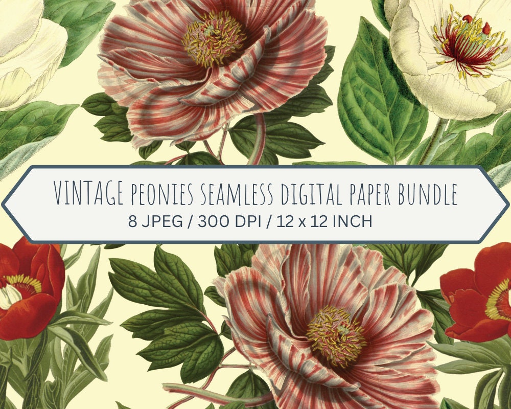 Vintage Flowers Digital Paper Bundle, Peonies, Antique Floral Seamless ...
