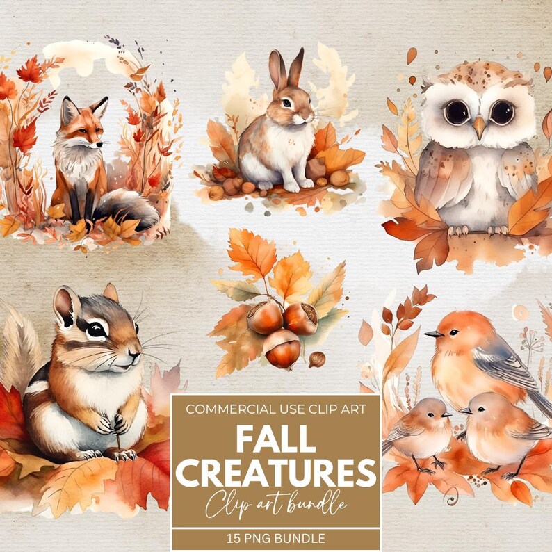 Woodland Creature Png, Watercolor Autumn Clipart Bundle, Fall Elements ...