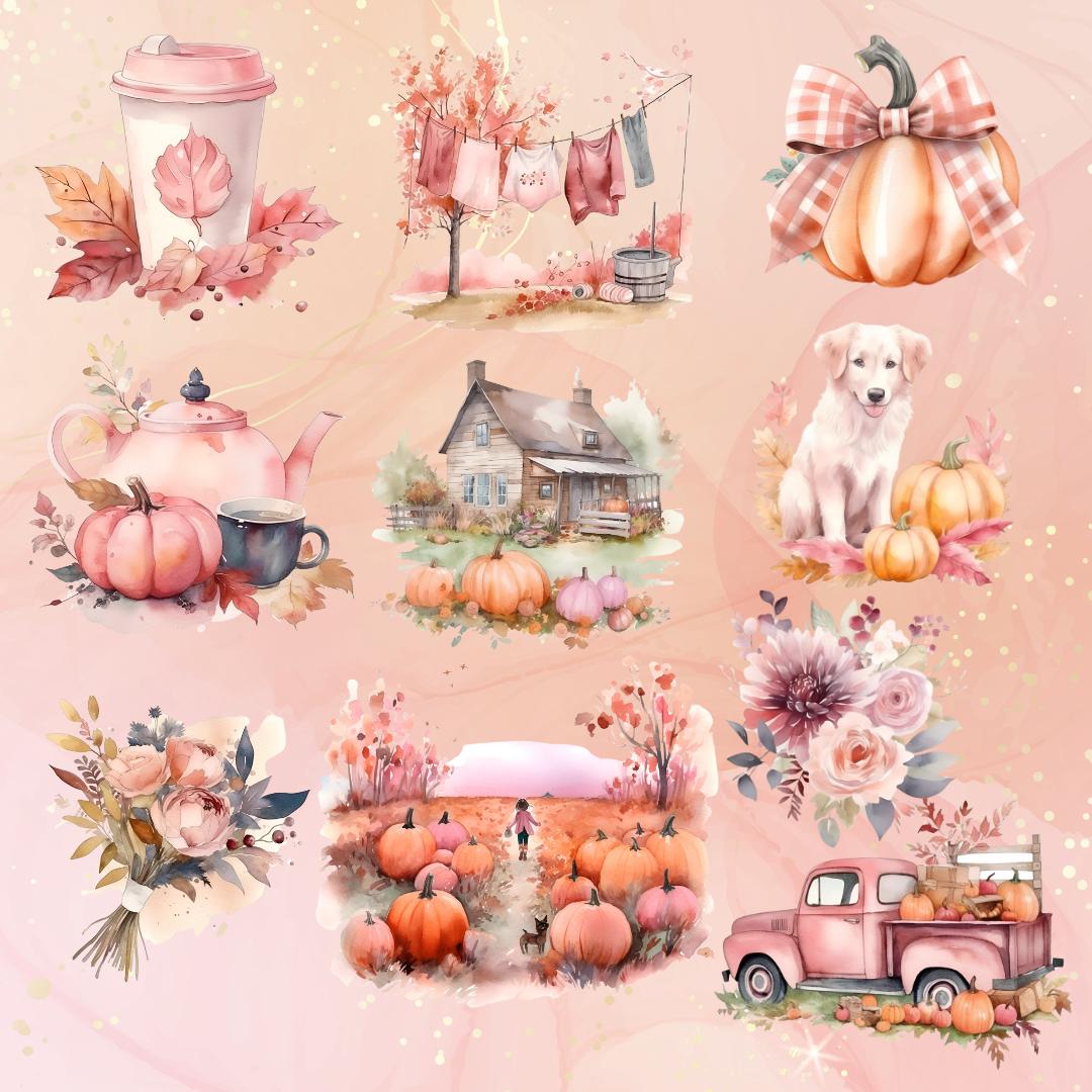 Watercolor Autumn Clipart Bundle, Pink Fall Clipart, Fall Elements Clip ...