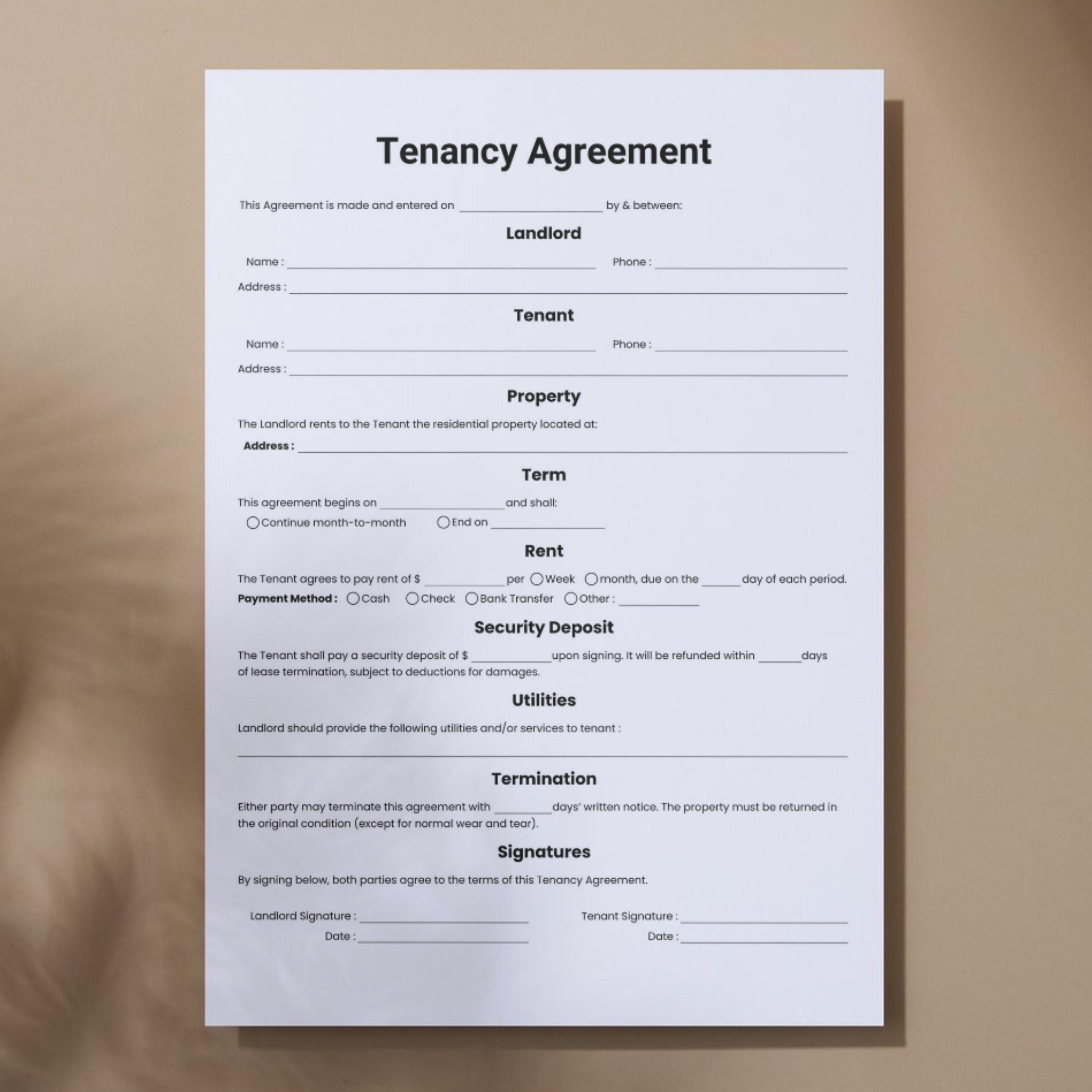 Simple Tenancy Agreement Template, One Page Rental Agreement, Printable ...