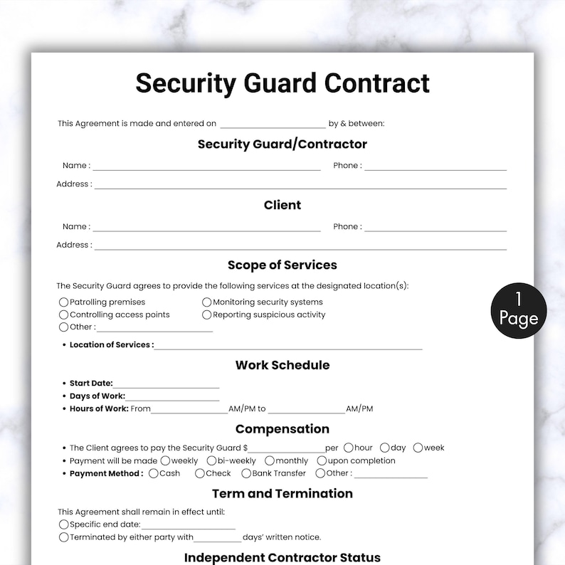 Simple Security Guard Contract, One Page Security Service Provider ...