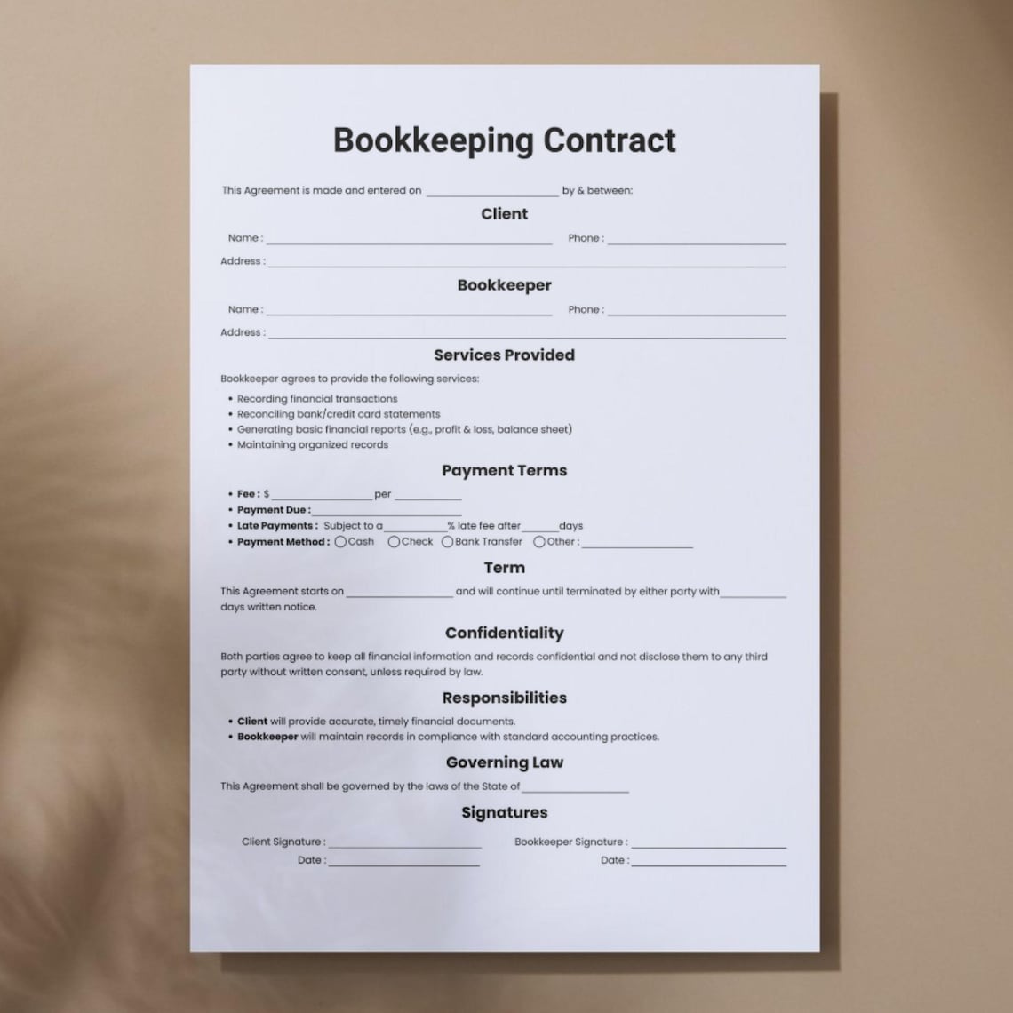 Simple Bookkeeping Contract, One Page Freelance Bookkeeper Form ...