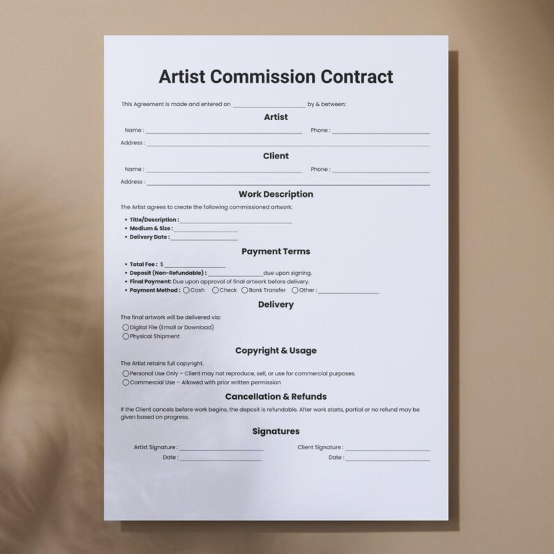 Simple Artist Commission Contract, One Artwork Contract Form, Printable ...