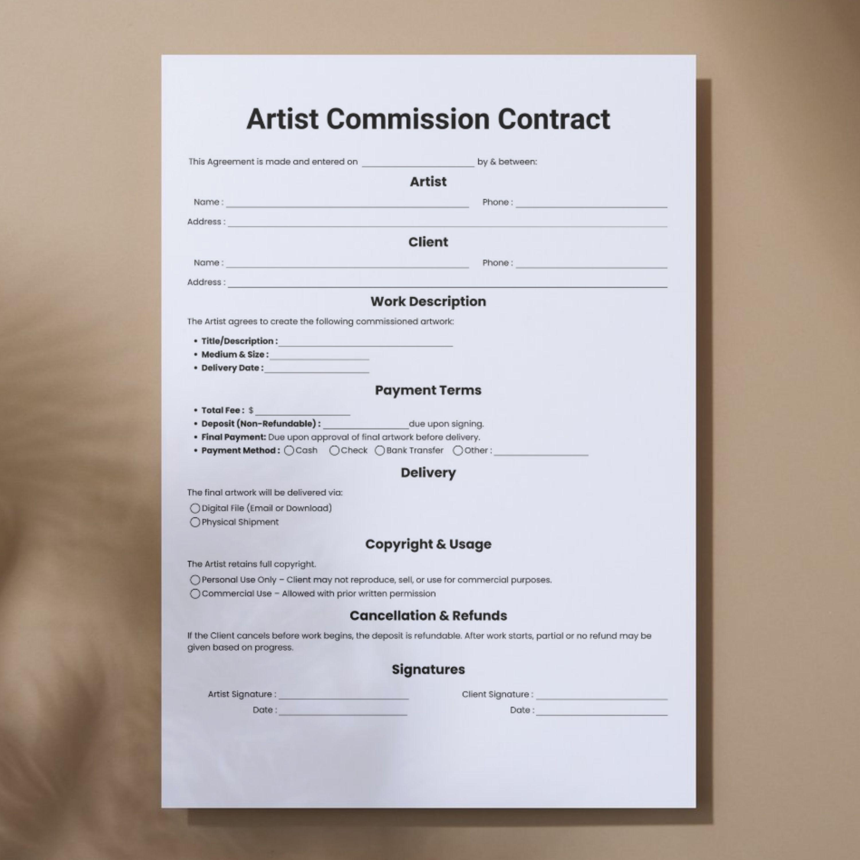 Simple Artist Commission Contract, One Artwork Contract Form, Printable ...