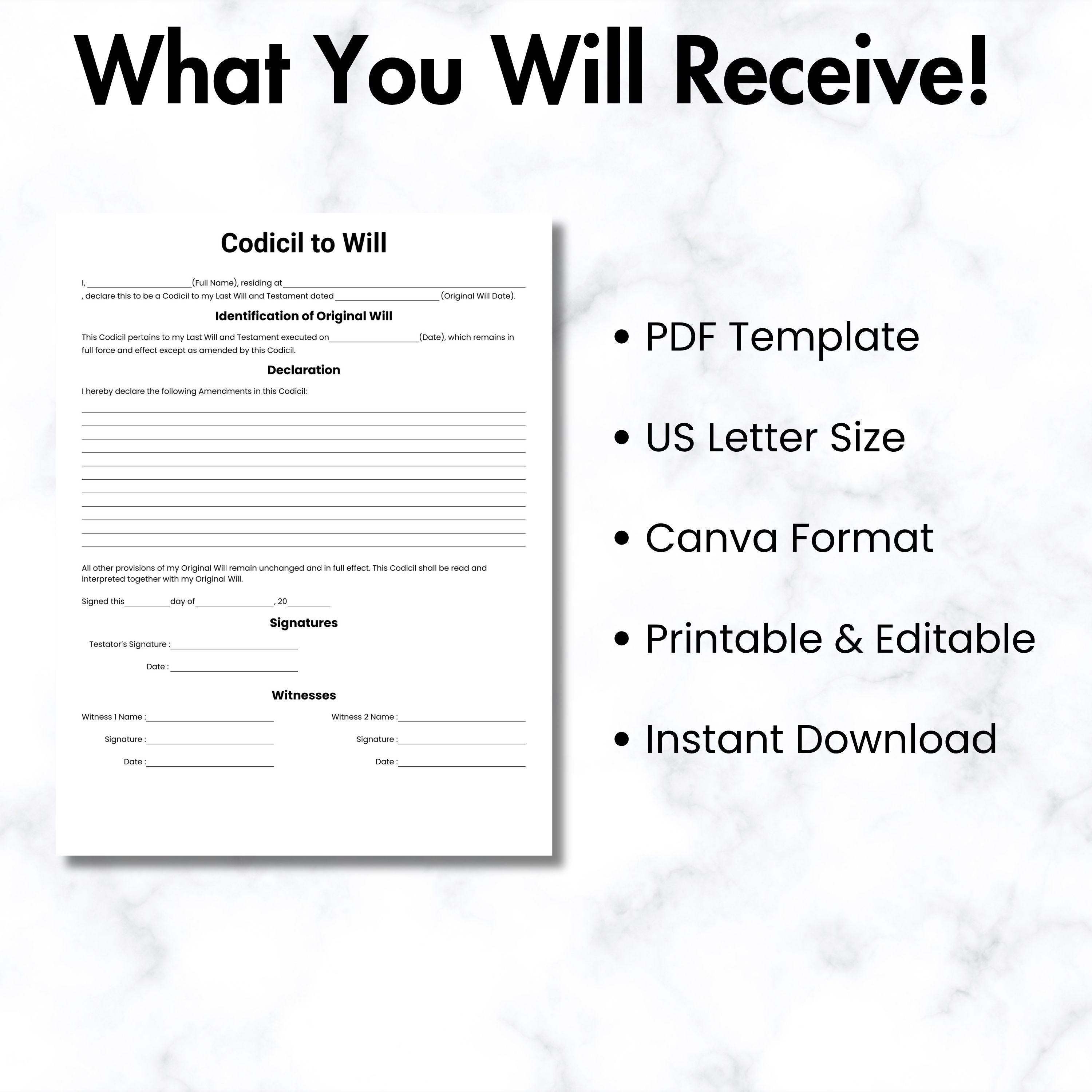 Simple Codicil to Will, One Page Will Codicil Form, Printable ...