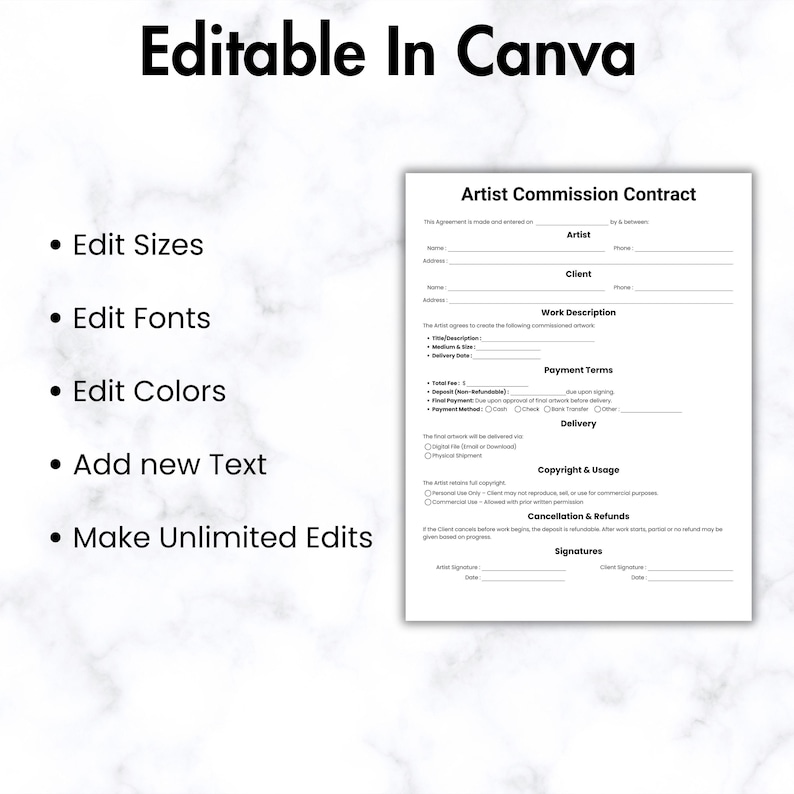 Simple Artist Commission Contract, One Artwork Contract Form, Printable ...