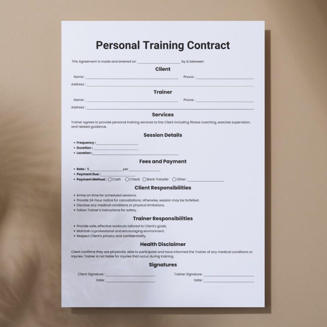 Simple Personal Training Contract, One Page Fitness Services Agreement ...