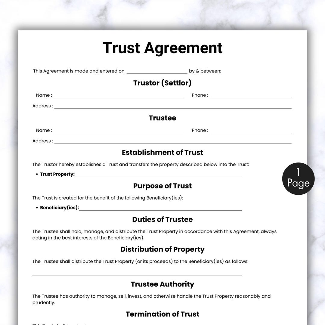 Simple Trust Agreement, One Page Beneficiary Form, Printable & Editable ...