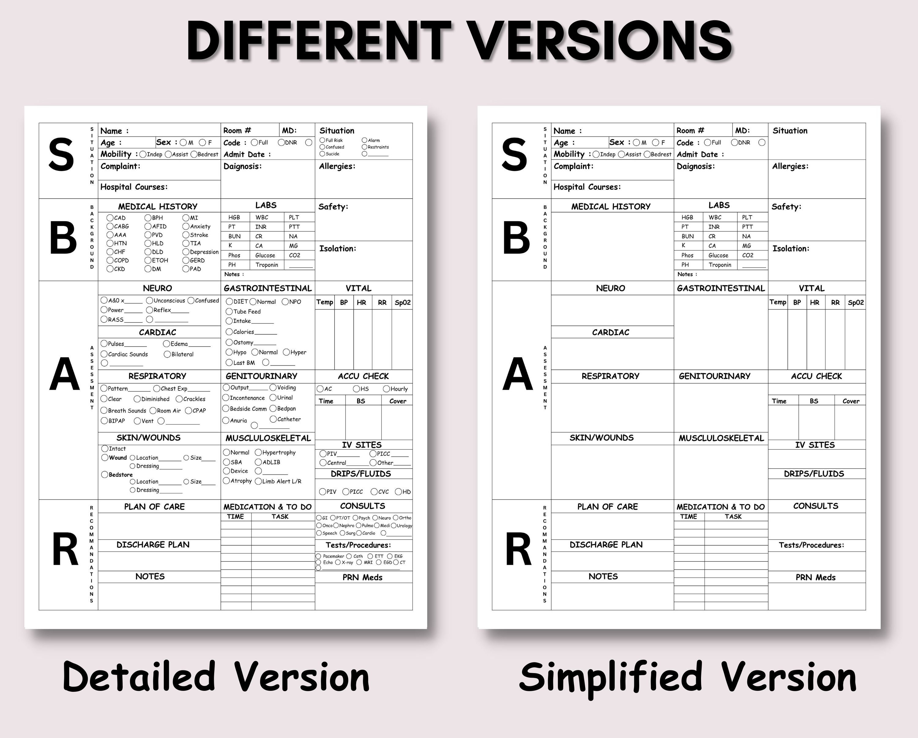 SBAR Nurse Report Sheet, Printable Med Surg Nurse Brain ICU Report ...