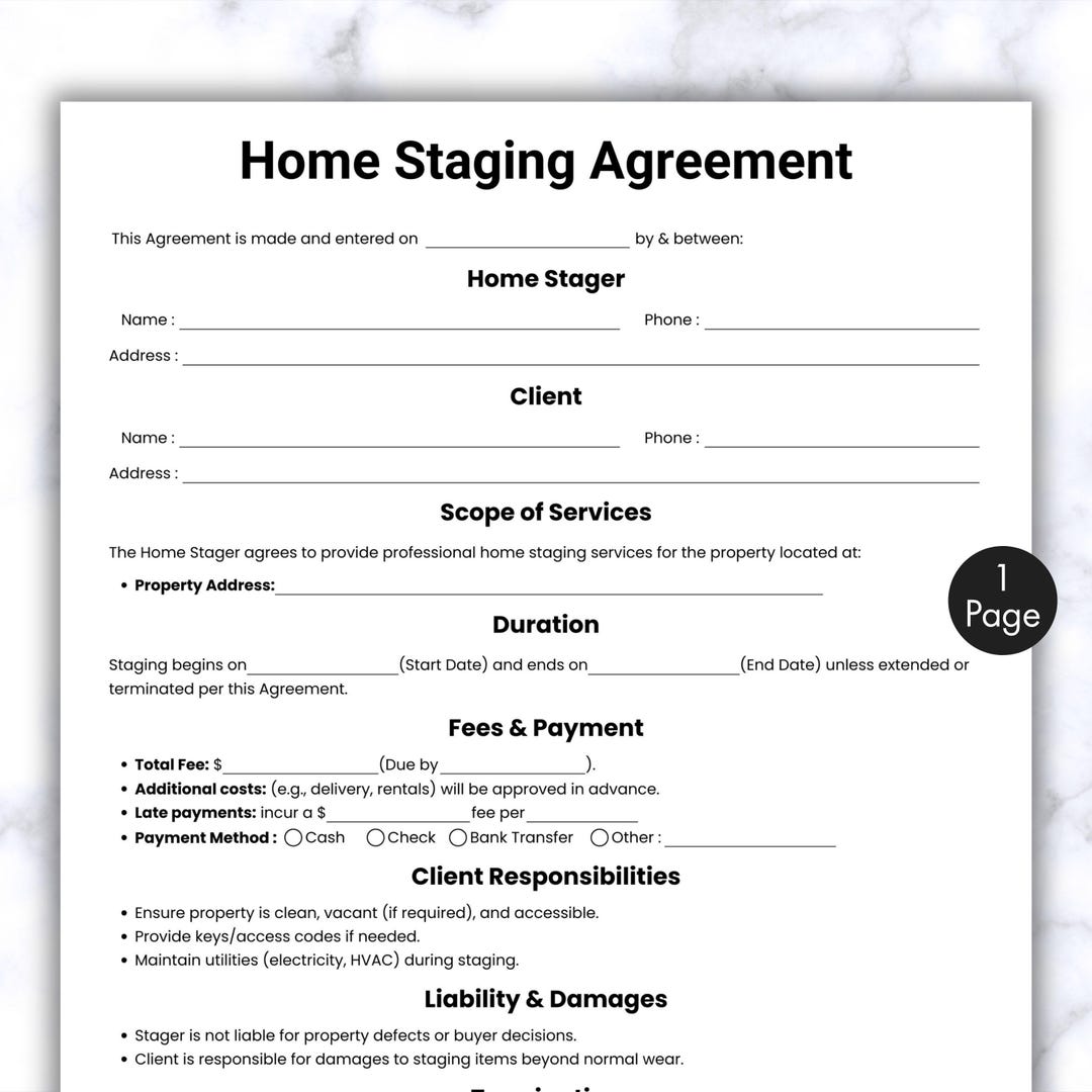 Simple Home Staging Agreement, One Page Property Staging Contract Form ...