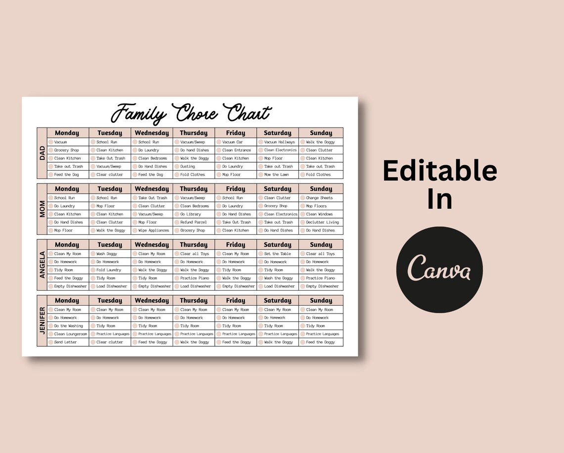 Family Chore Chart, Editable Family Planner Printable, Weekly Family ...