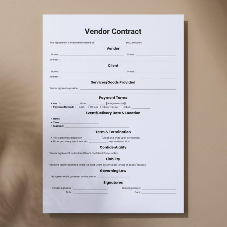 Simple Vendor Contract Template, One Page Event Agreement, Printable ...