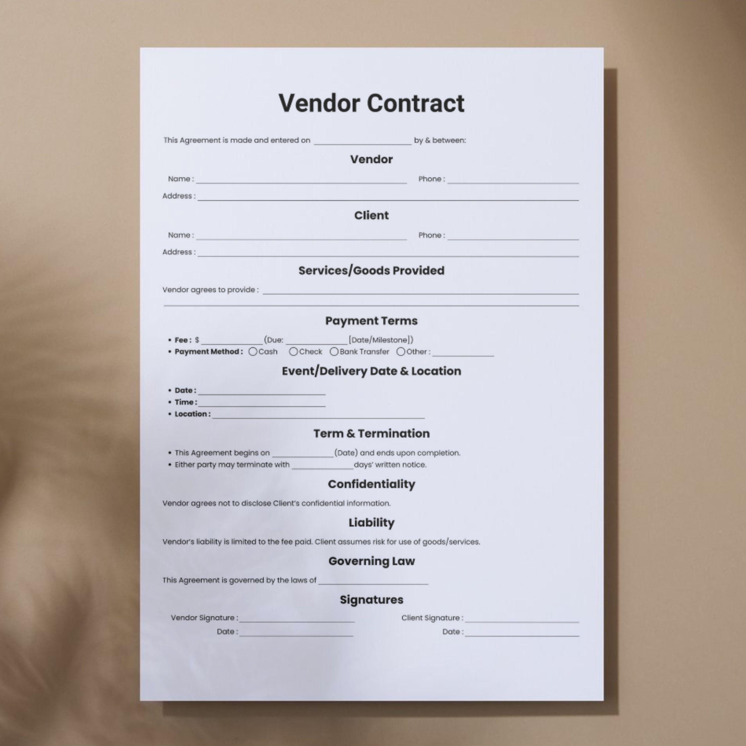 Simple Vendor Contract Template, One Page Event Agreement, Printable ...