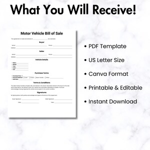 Simple Motor Vehicle Bill of Sale, One Page Car Sale Form, Printable ...