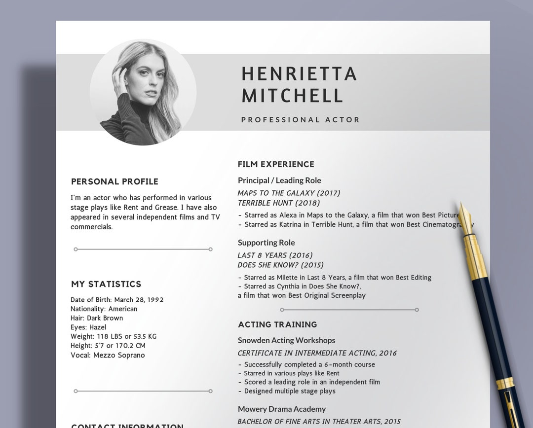 Actress & Actor Resume Template With Photo for Canva, Acting Resume ...