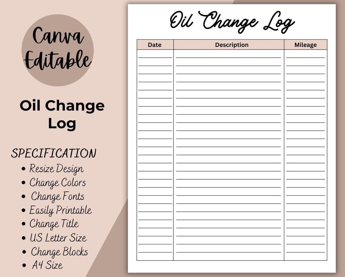 Oil Change Log Printable Oil Change Tracker Oil Filter - Etsy