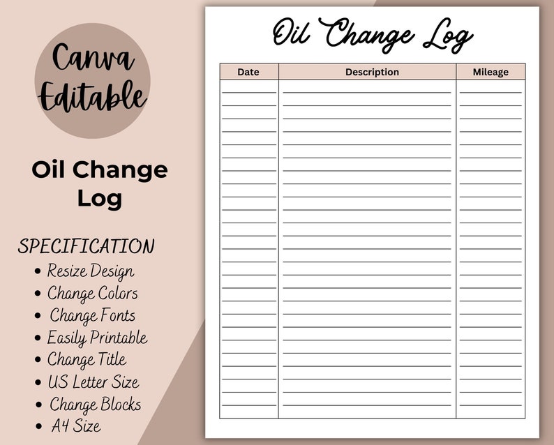 Oil Change Log Printable Oil Change Tracker Oil Filter - Etsy