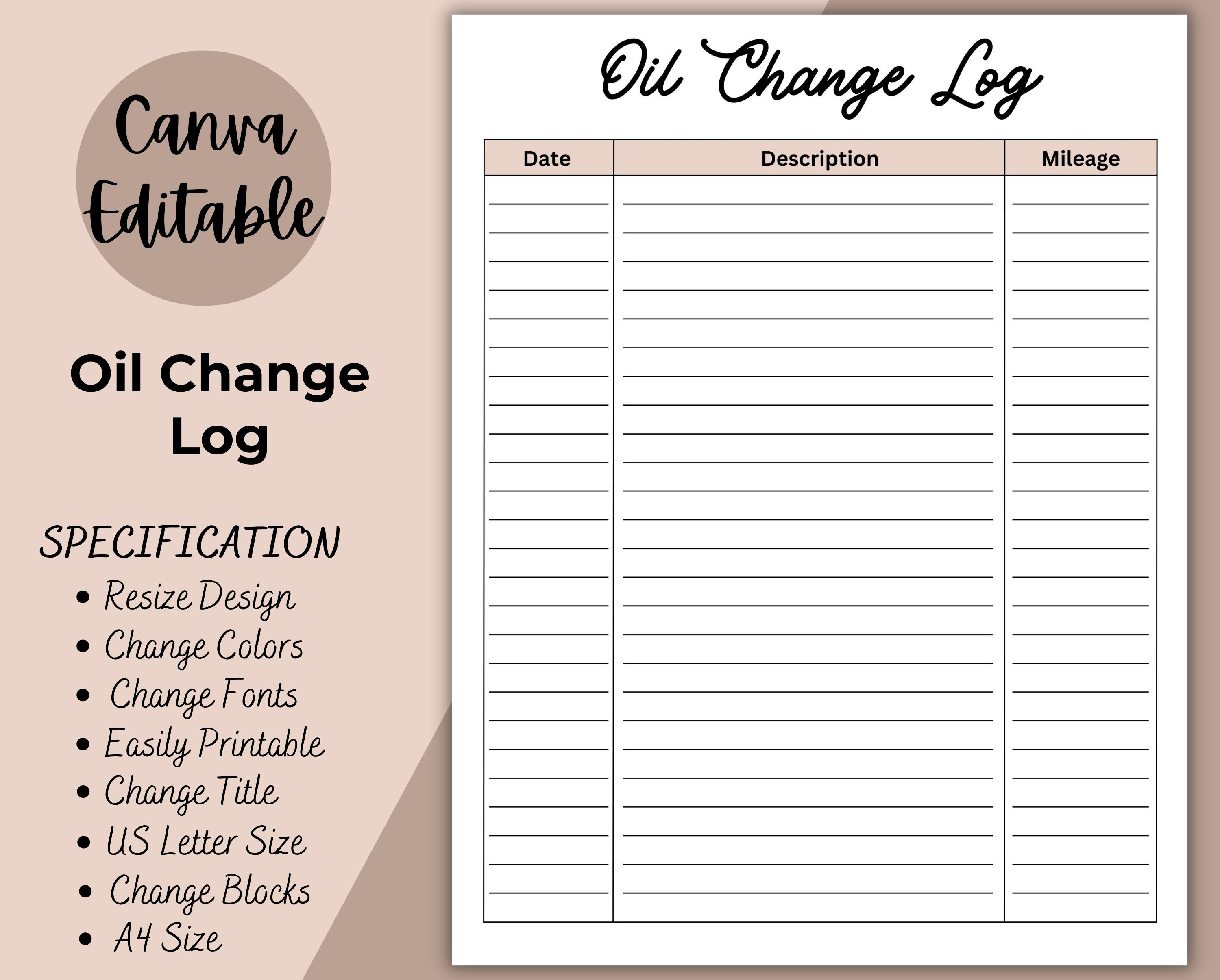 Oil Change Log, Printable Oil Change Tracker, Oil Filter Sheet, Oil ...