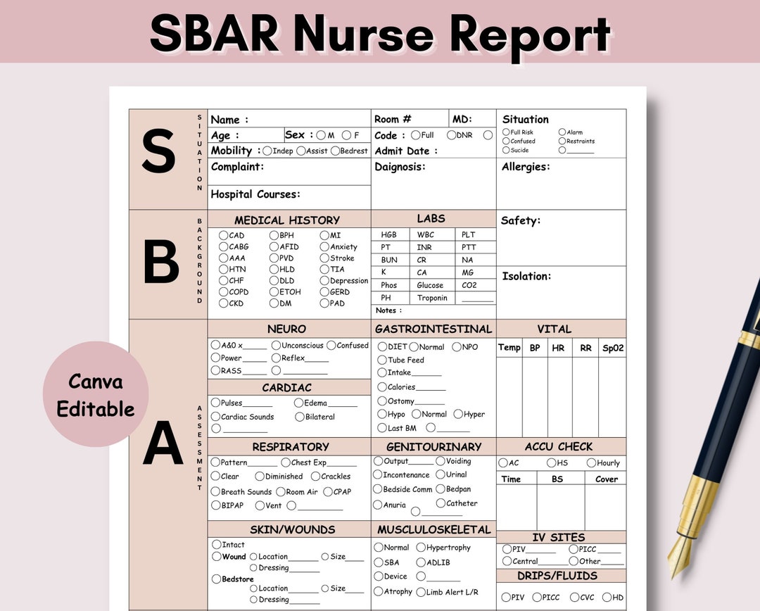 Printable SBAR Nurse Report Sheet, Med Surg Nurse Brain ICU Report ...