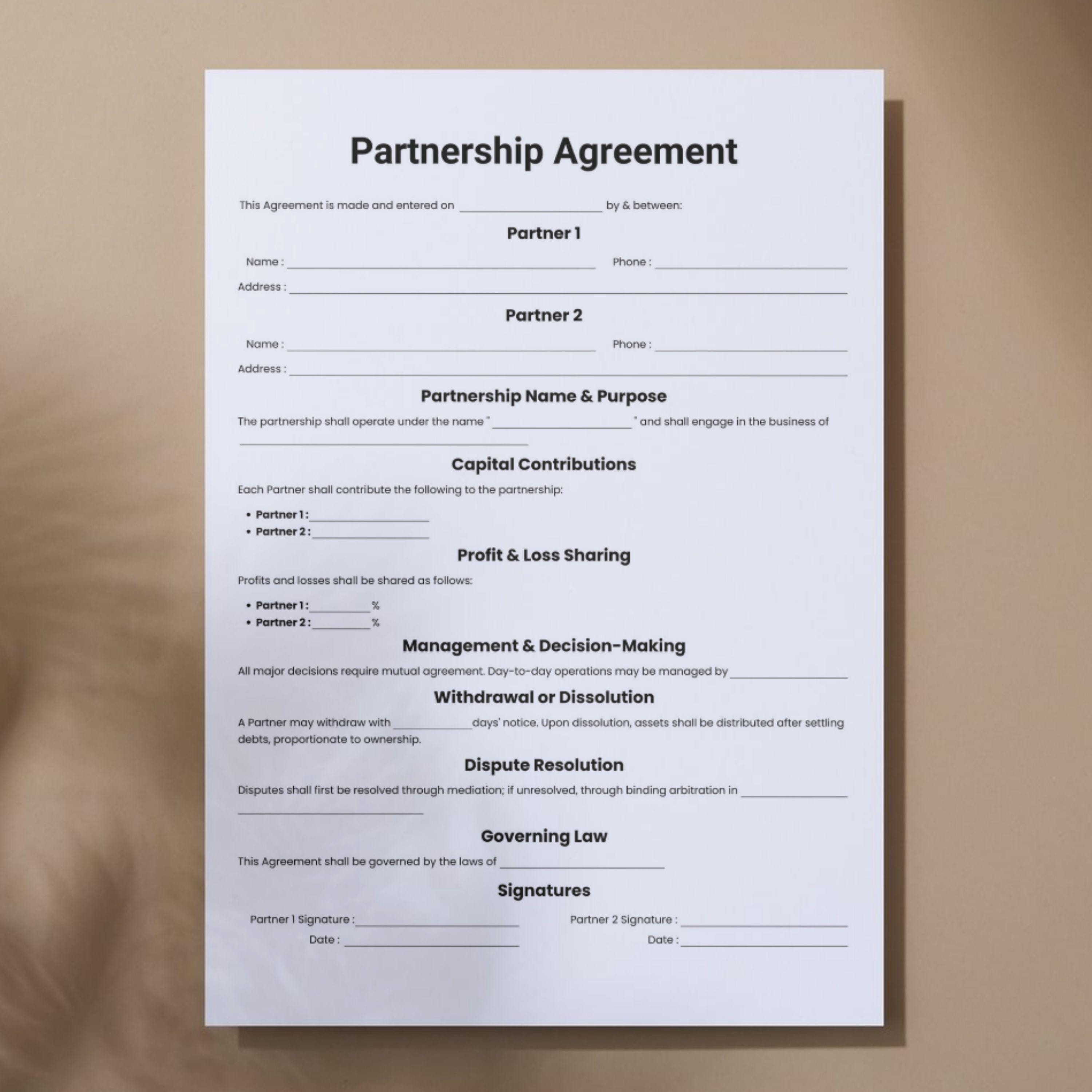 Simple Partnership Agreement, One Page Partnership Agreement for Small ...