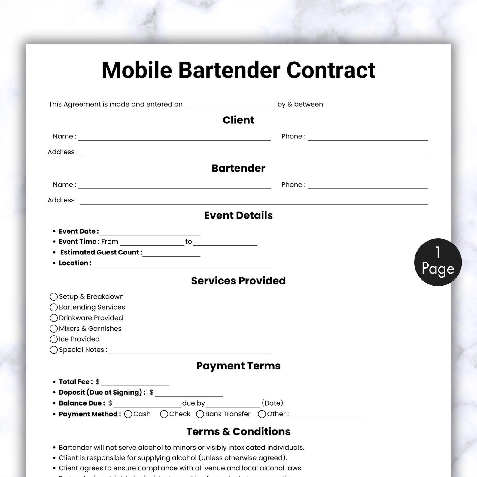 Simple Mobile Bartender Contract, One Page Mobile Bar Contract Form ...