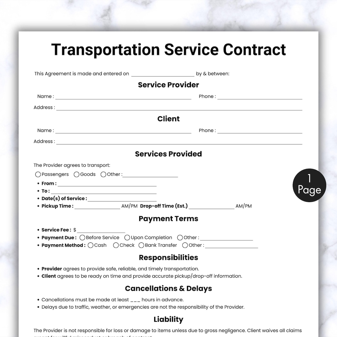 Simple Transportation Service Contract, One Page Transporter Contract ...