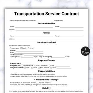 Simple Transportation Service Contract, One Page Transporter Contract ...