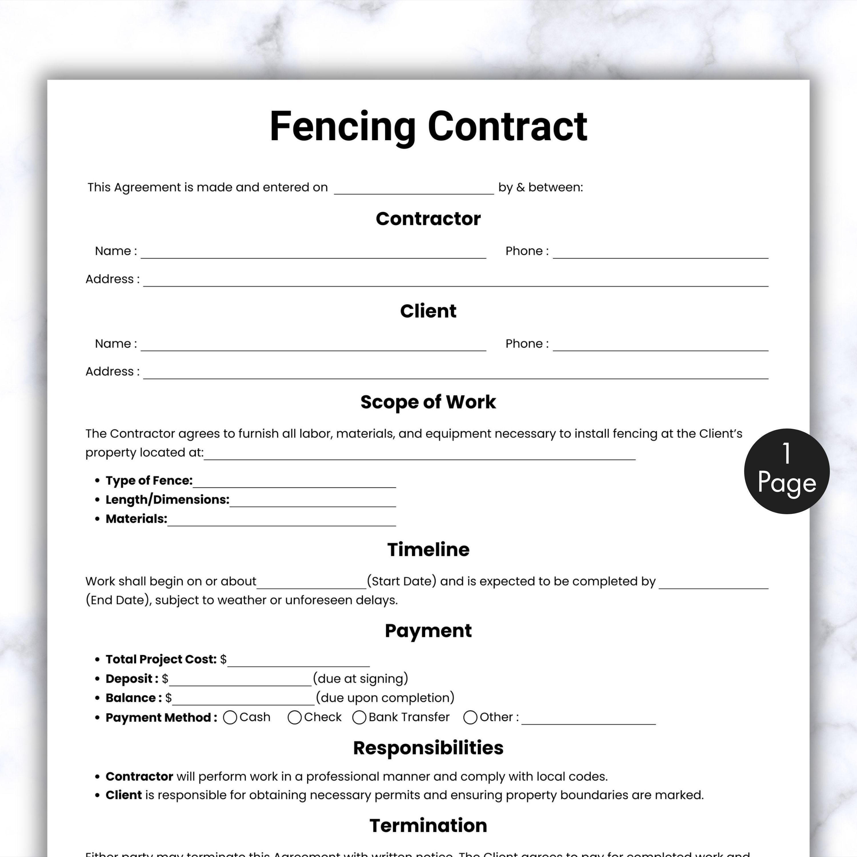 Simple Fencing Contract, One Page Fence Contract Form, Printable ...