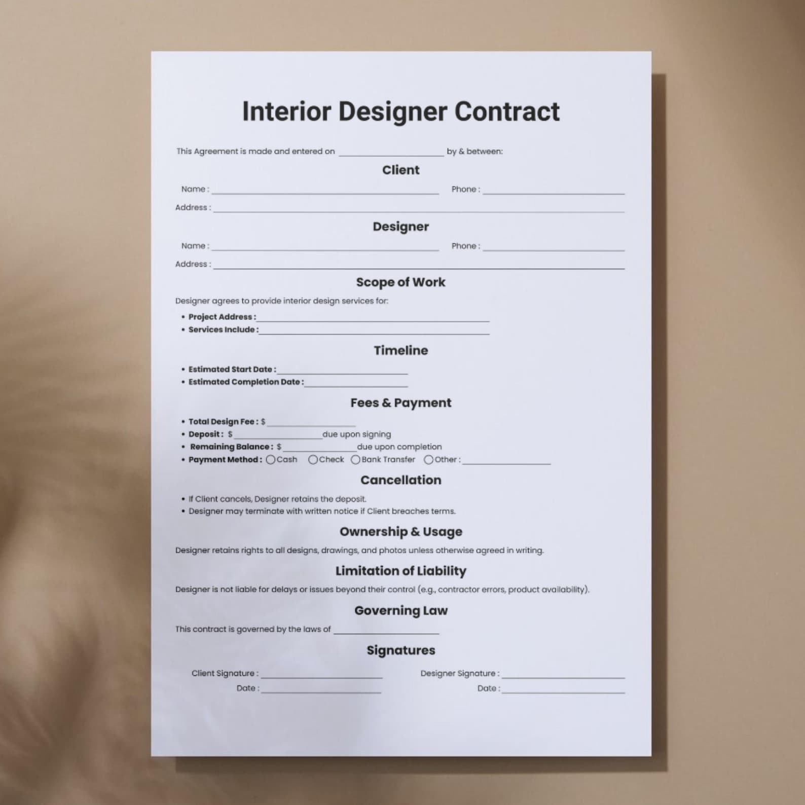 Simple Interior Designer Contract, One Page Interior Decorating Form ...