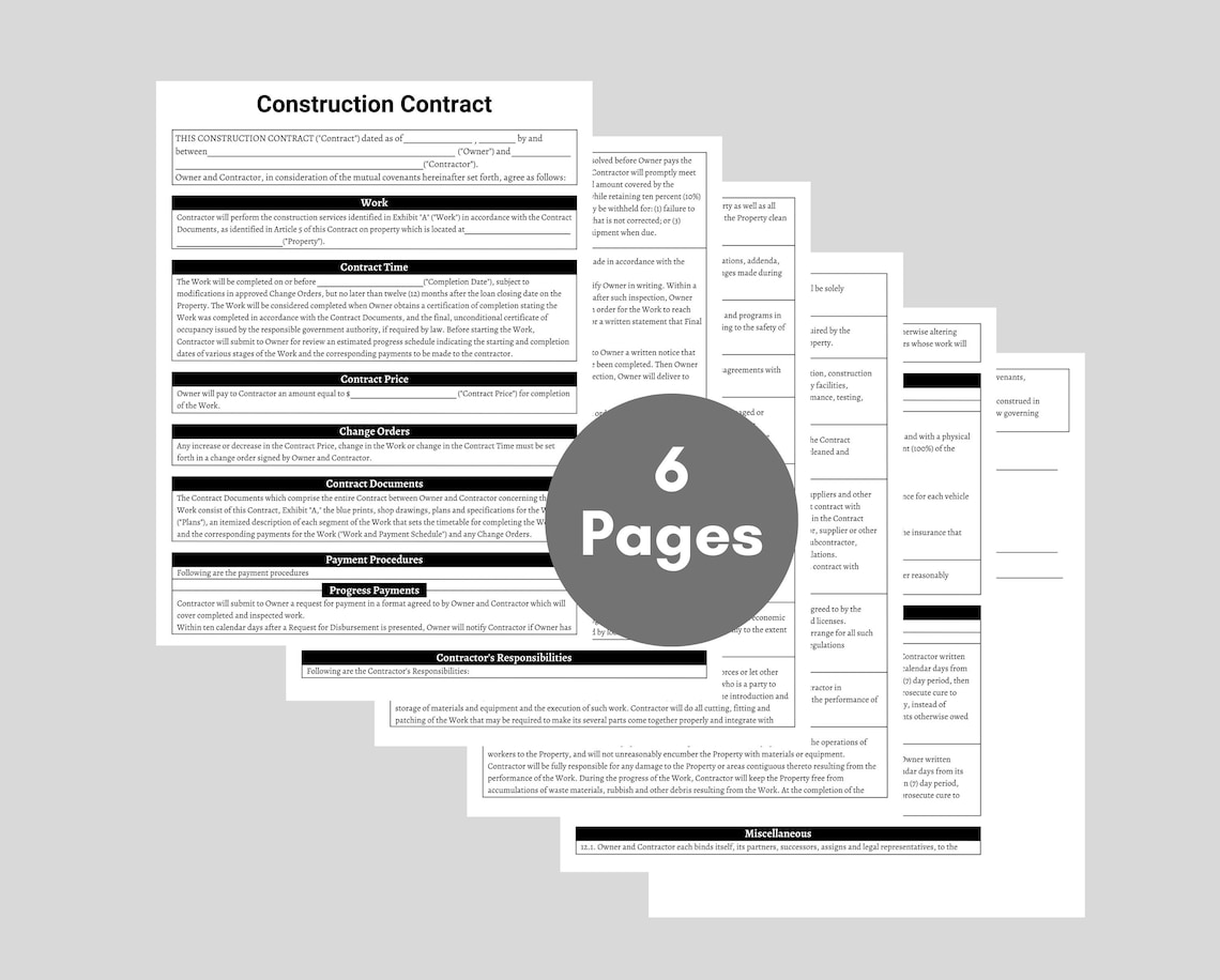 Construction Contract - Printable Construction Template - Handyman ...