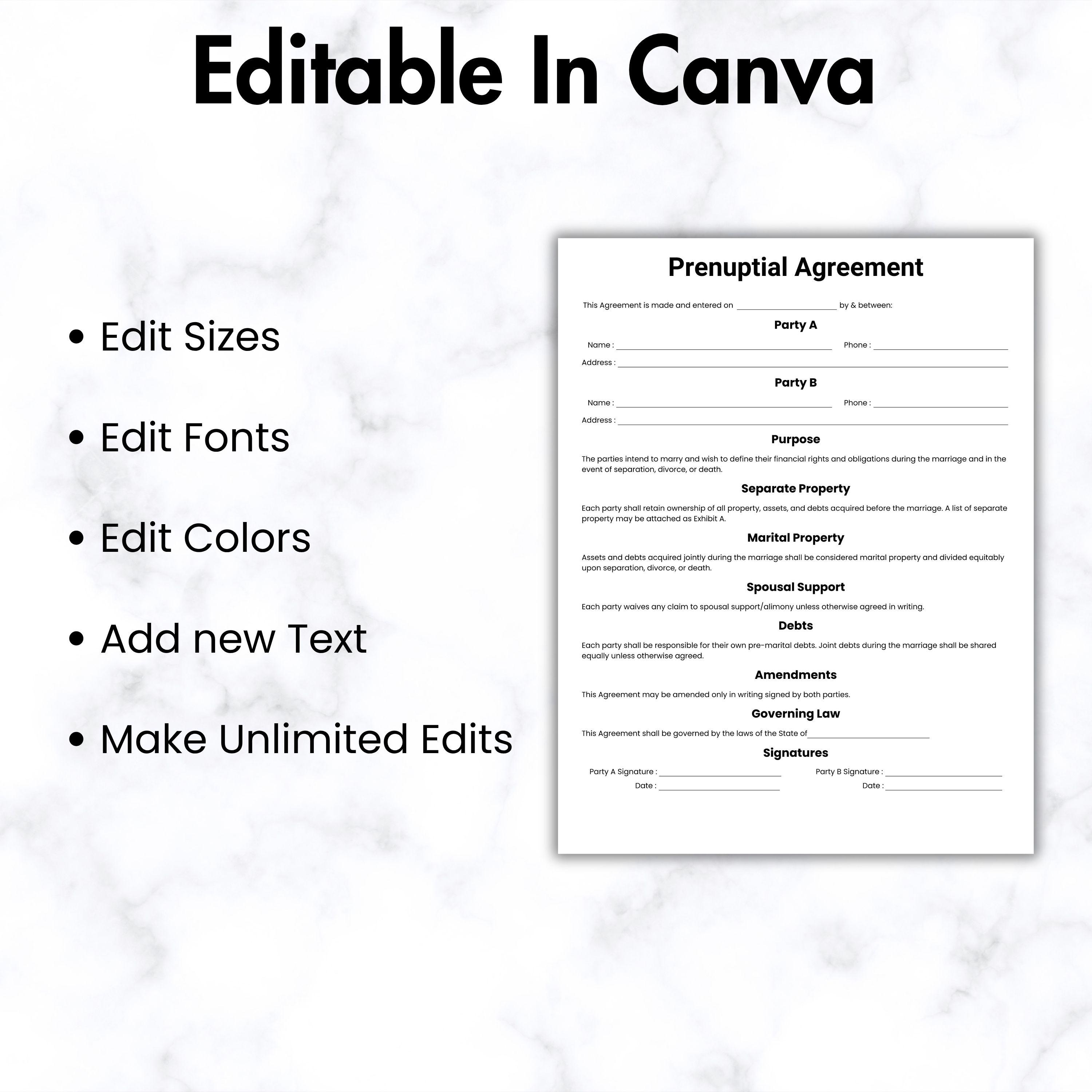 Simple Prenuptial Agreement, One Page Prenup Template Form, Printable ...