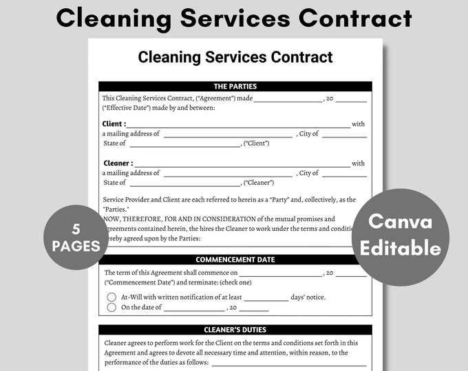 Printable Cleaning Services Contract, Cleaning Proposal Template, Editable Cleaning Business ...