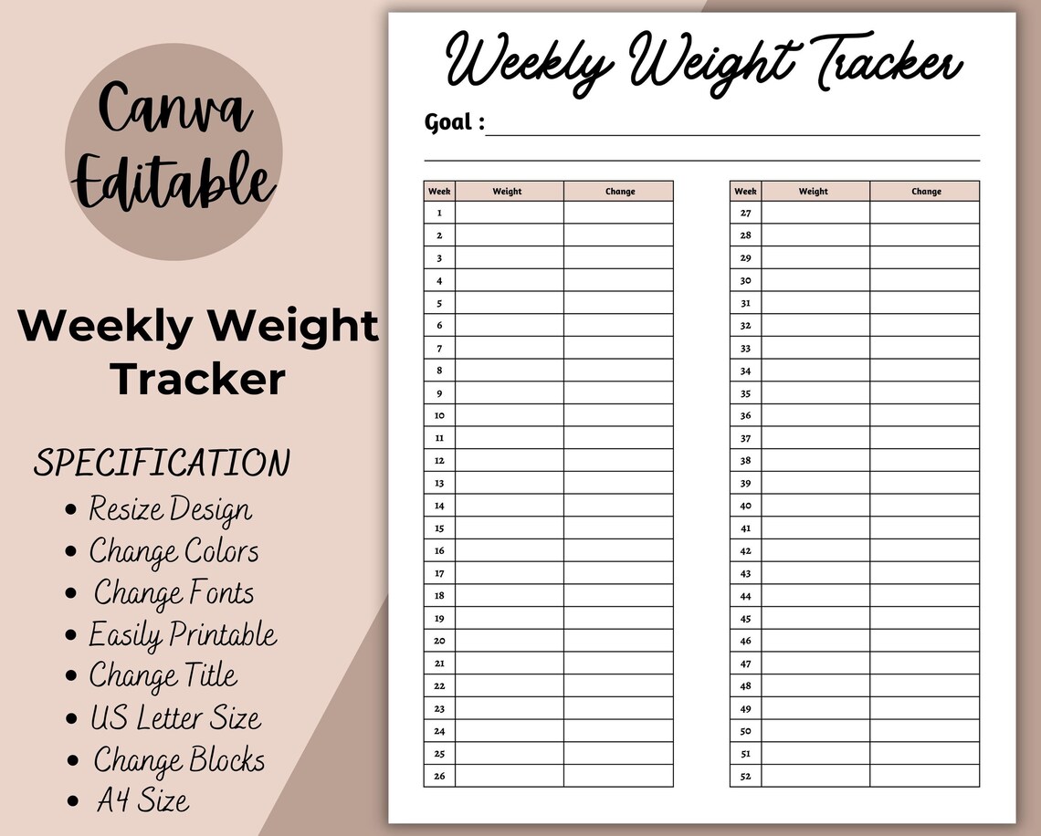 Weekly Weight Tracker Printable Weight Log Weight Loss - Etsy