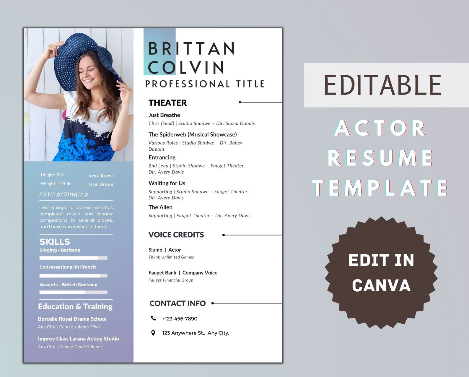 Editable Acting Resume Template With Photo for Canva Actor & - Etsy