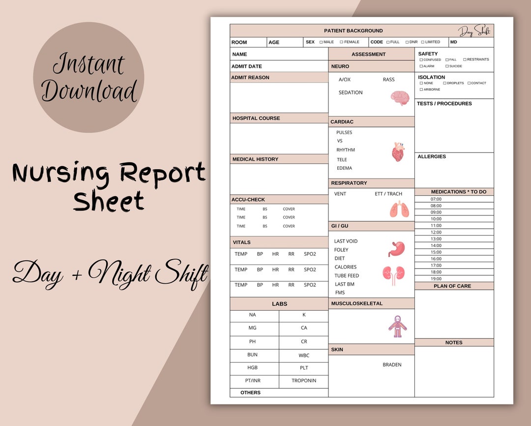 Nursing Report Sheet, Printable Nursing Brain, Icu Nurse, Med Surg ...