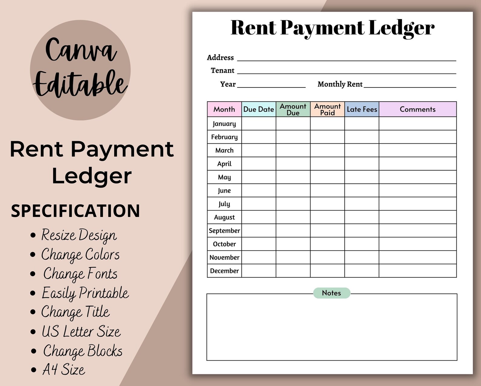 Editable Rent Payment Ledger | Yearly Rent Tracker | Colorful Rent ...