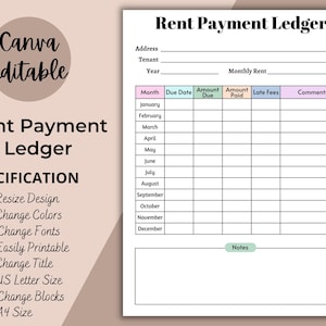 Editable Rent Payment Ledger | Yearly Rent Tracker | Colorful Rent ...