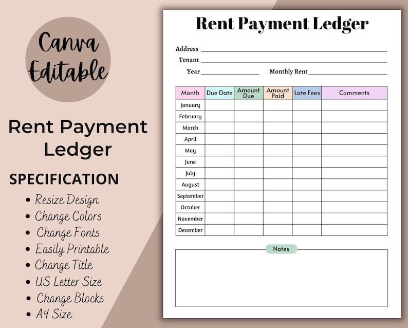 Editable Rent Payment Ledger | Yearly Rent Tracker | Colorful Rent ...