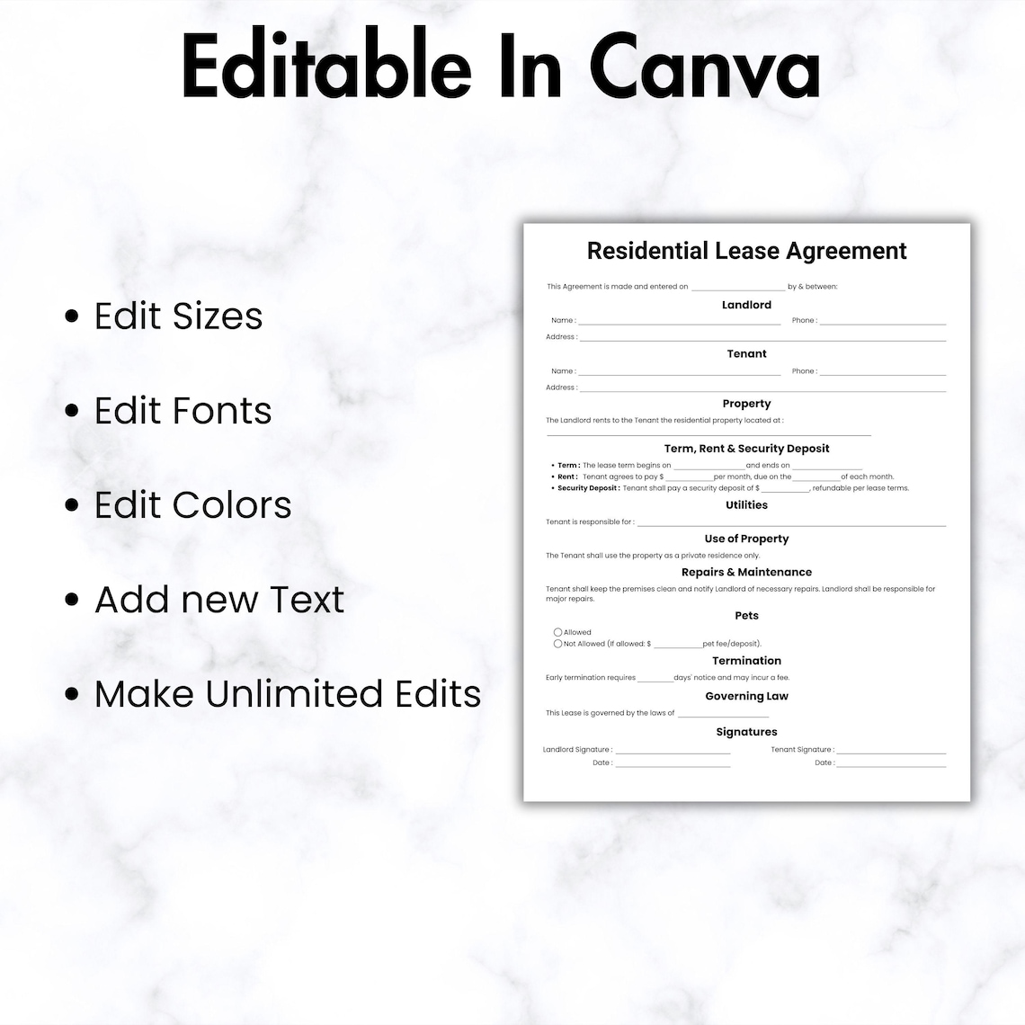 Simple Rental Agreement Template, One Page Lease Agreement, Printable ...