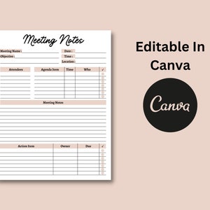 Meeting Notes Template, Editable Meeting Minutes, Printable Business ...