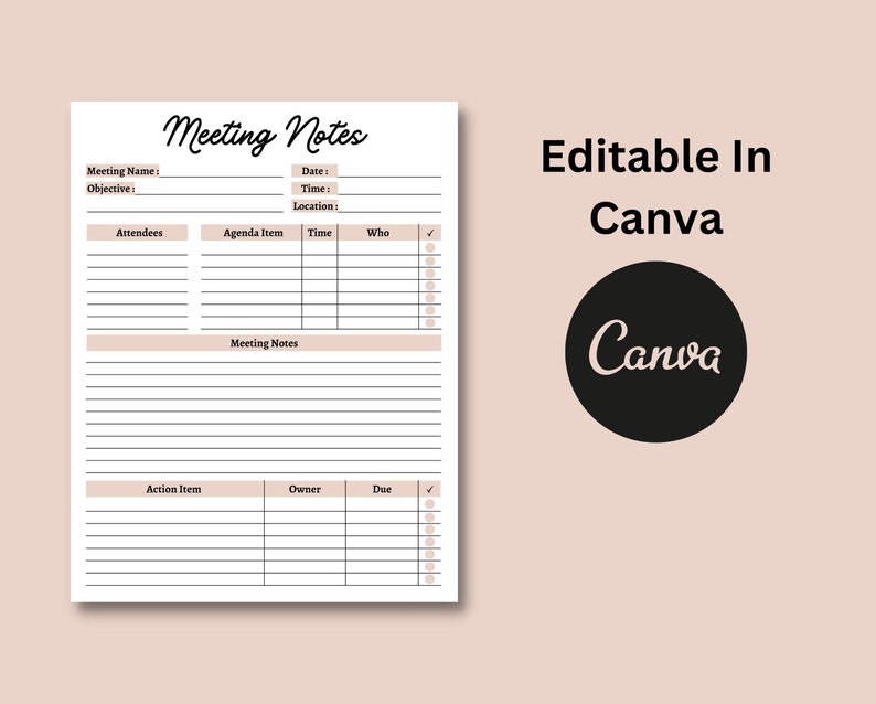 Meeting Notes Template Editable Meeting Minutes Printable - Etsy