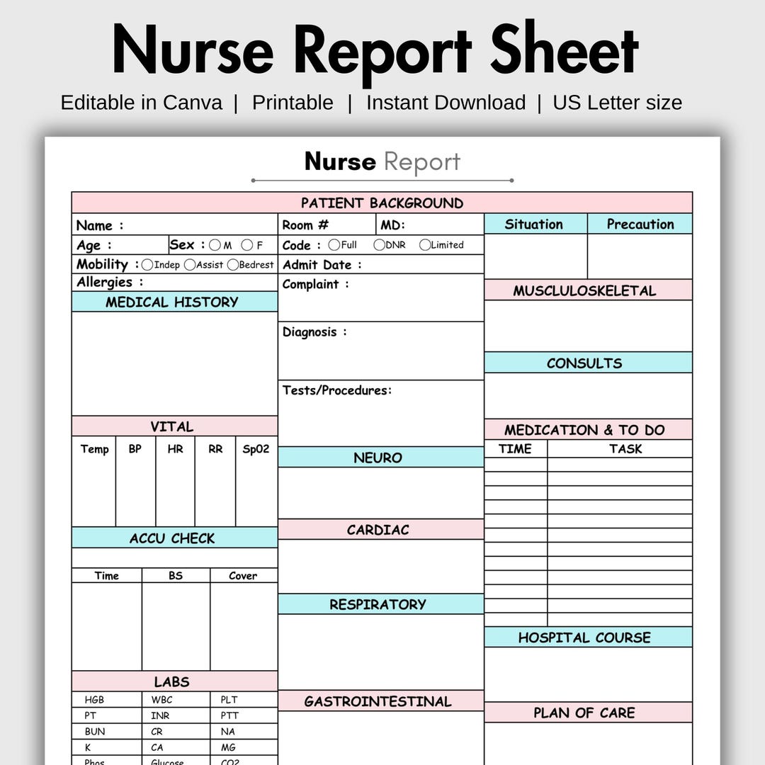 Printable Nurse Report Sheet, Editable ICU Nurse Brain Template, Single ...