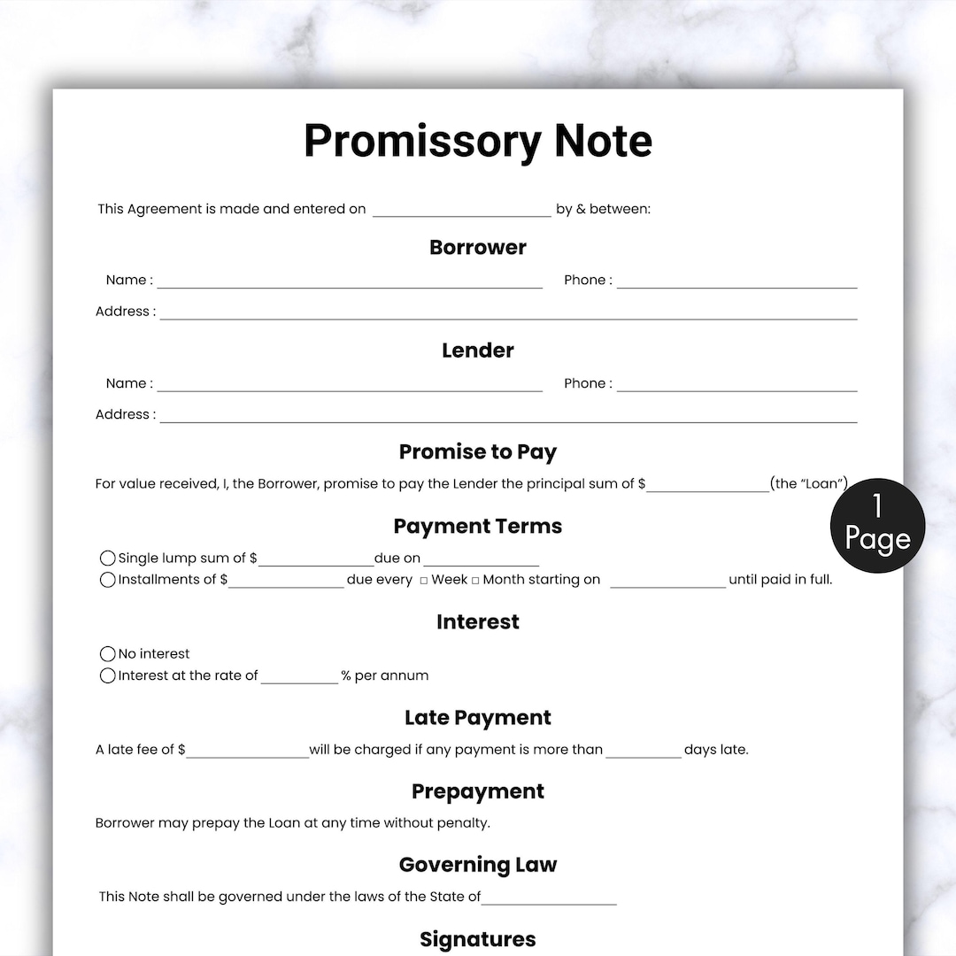 Simple Promissory Note, One Page Personal Loan Agreement Template Form ...