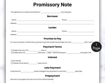 One Page Promissory Note, Editable Personal Loan Agreement Template ...