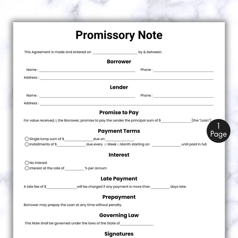Promissory Note Template - Etsy