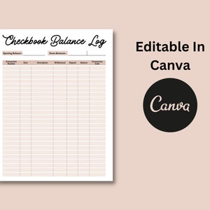 Checkbook Balance Log, Printable Income and Expense Canva Editable ...